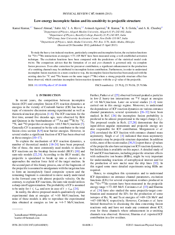 Pdf Low Energy Incomplete Fusion And Its Sensitivity To Projectile Structure Sabir Ali
