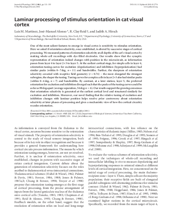 (PDF) Laminar processing of stimulus orientation in cat visual cortex