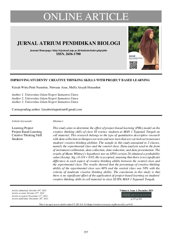 (PDF) Improving Students' Creative Thinking Skills with Project Based Learning