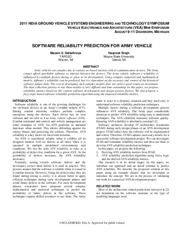 (PDF) Software Reliability Prediction for Army Vehicle