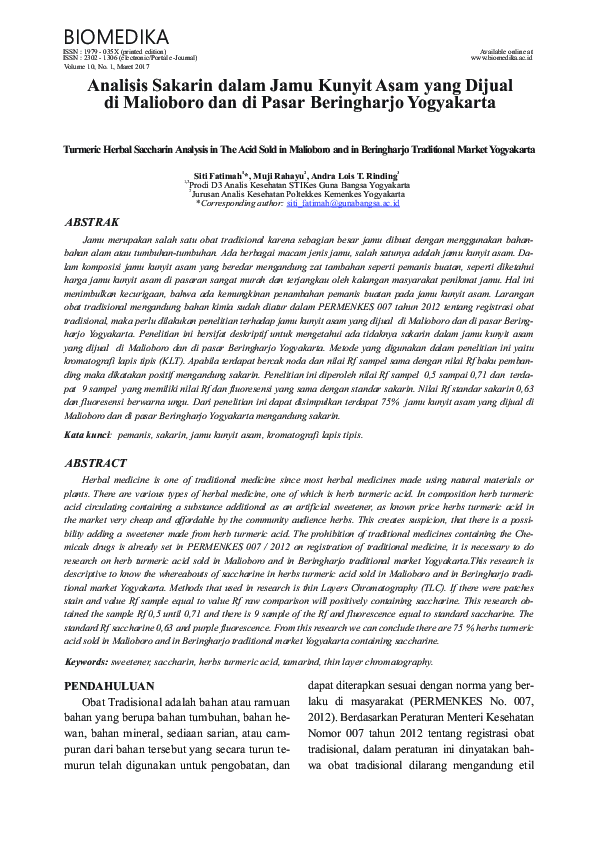 (PDF) Analisis Sakarin dalam Jamu Kunyit Asam yang Dijual di Malioboro ...