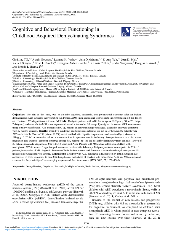 (PDF) Cognitive and Behavioral Functioning in Childhood Acquired Demyelinating Syndromes ...