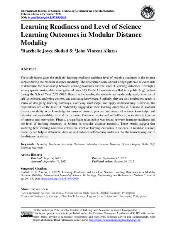 Pdf Learning Readiness And Level Of Science Learning Outcomes In