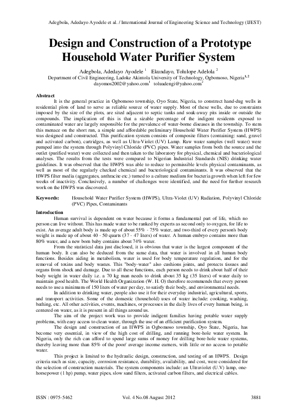 (PDF) Hydraulic Design and Construction of a Prototype Household Water ...