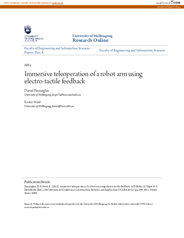 (PDF) Immersive teleoperation of a robot arm using electro-tactile feedback