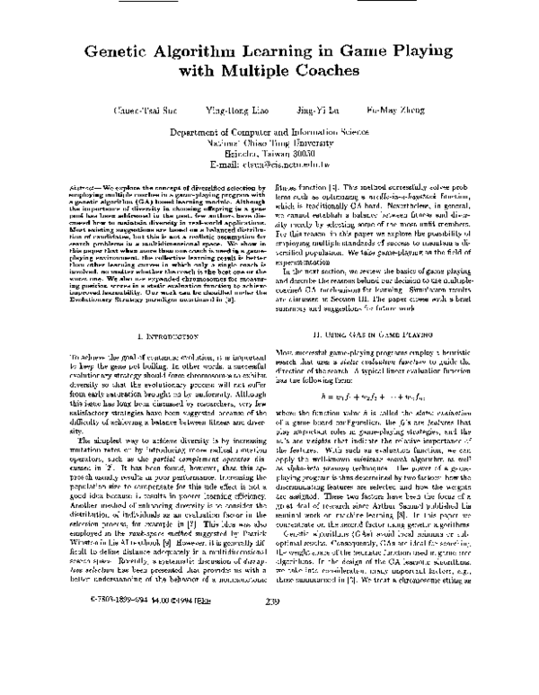 Pdf Genetic Algorithm Learning In Game Playing With Multiple Coaches