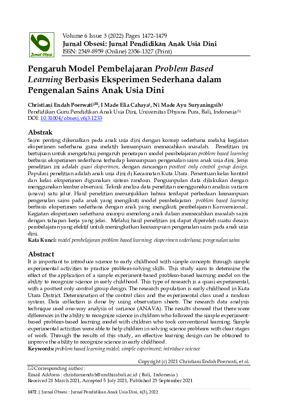 (PDF) Pengaruh Model Pembelajaran Problem Based Learning Berbasis Eksperimen Sederhana dalam ...