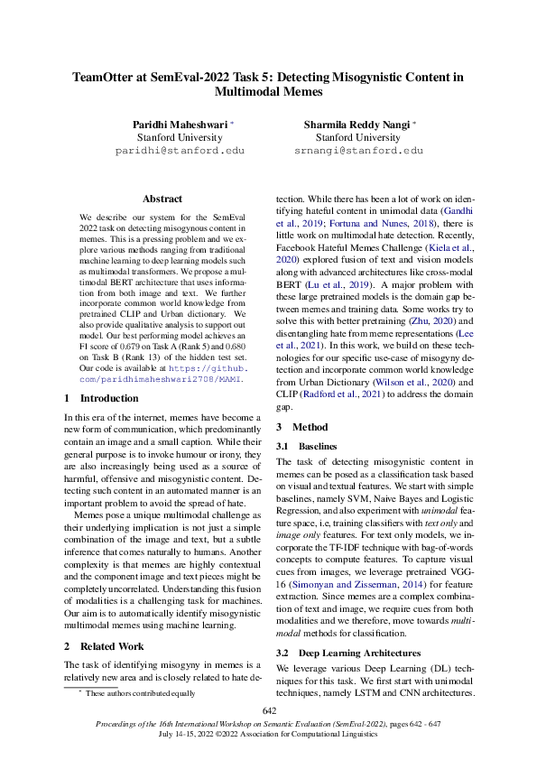(PDF) TeamOtter at SemEval-2022 Task 5: Detecting Misogynistic Content in Multimodal Memes