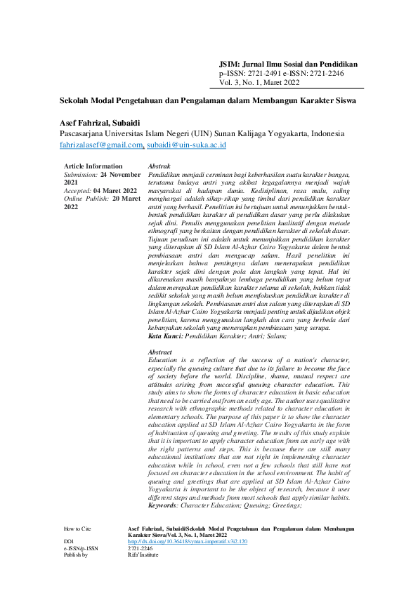 (PDF) Sekolah Modal Pengetahuan dan Pengalaman dalam Membangun Karakter Siswa | Asef Fahrizal ...