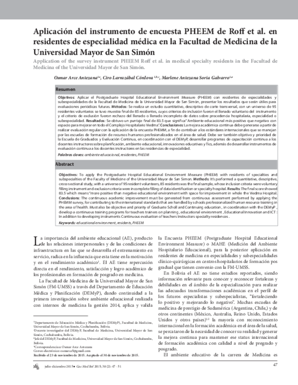 (PDF) Aplicación del instrumento de encuesta PHEEM de Roff et al. en ...