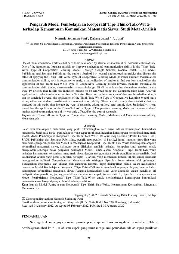 (PDF) Pengaruh Model Pembelajaran Kooperatif Tipe Think-Talk-Write terhadap Kemampuan Komunikasi ...