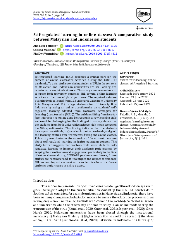 (PDF) Self-regulated learning in online classes: A comparative study between Malaysian and ...