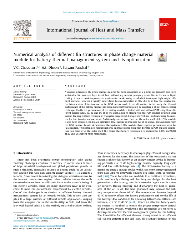 (PDF) Numerical analysis of different fin structures in phase change material module for battery ...