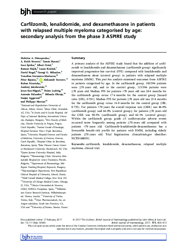 (PDF) Carfilzomib, lenalidomide, and dexamethasone in patients with relapsed multiple myeloma ...