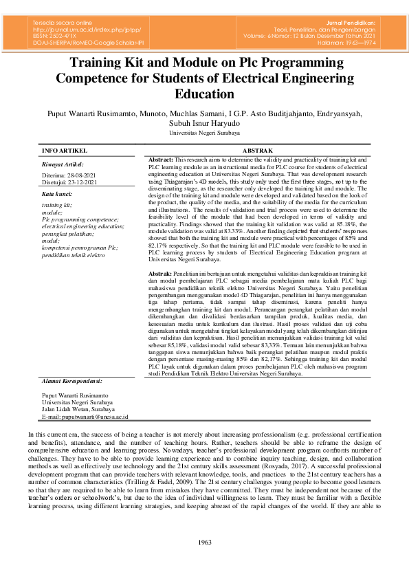 (PDF) Training Kit and Module on Plc Programming Competence for Students of Electrical ...
