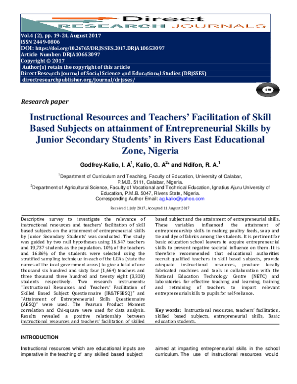 (PDF) Instructional Resources and Teachers' Facilitation of Skill Based Subjects on Attainment ...