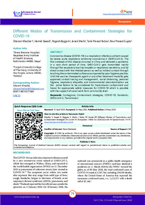 (PDF) Different Modes of Transmission and Containment Strategies for ...