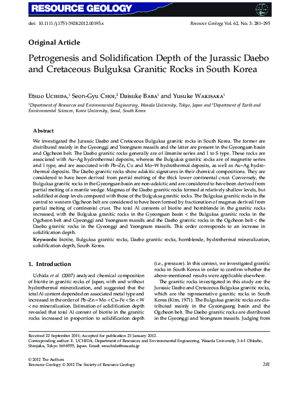 (PDF) Petrogenesis and Solidification Depth of the Jurassic Daebo and ...