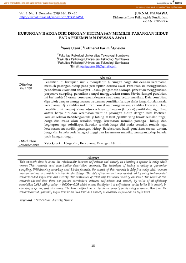 (PDF) Hubungan Harga Diri Dengan Kecemasan Memilih Pasangan Hidup Pada Perempuan Dewasa Awal
