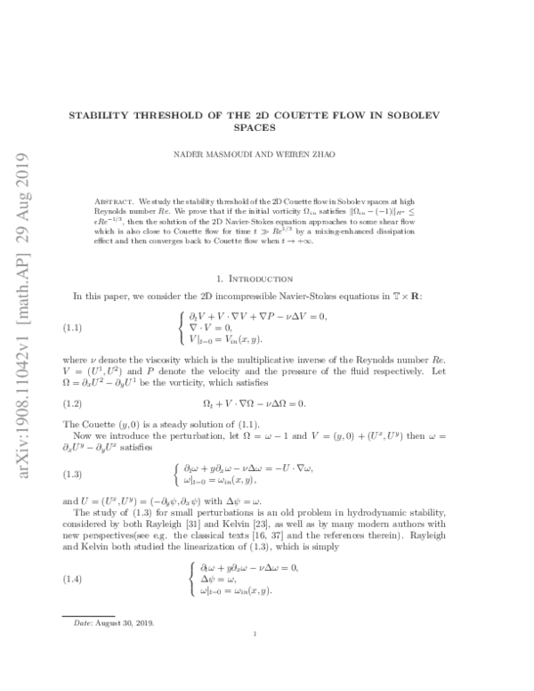 (PDF) Stability threshold of the 2D Couette flow in Sobolev spaces