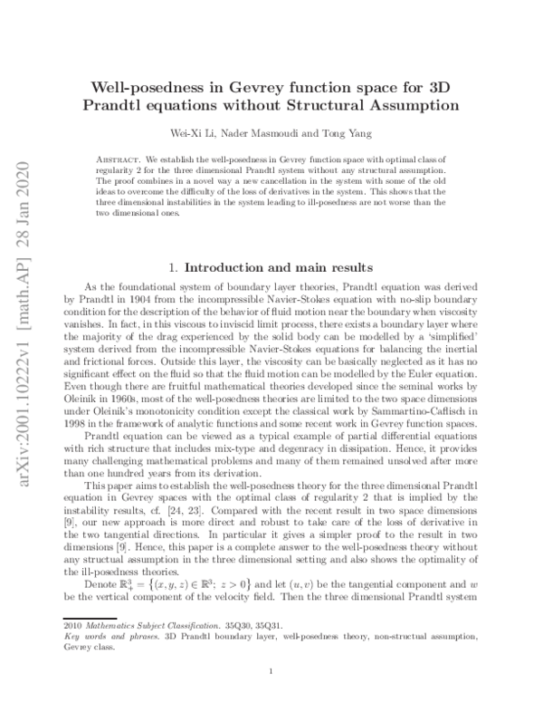 (PDF) Well‐Posedness in Gevrey Function Space for 3D Prandtl Equations ...
