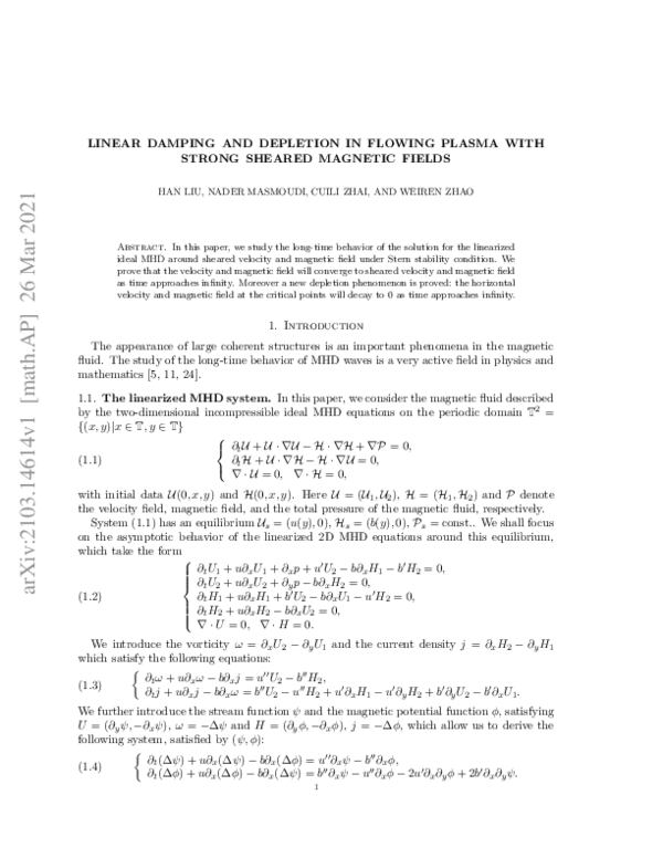(PDF) Linear damping and depletion in flowing plasma with strong sheared magnetic fields