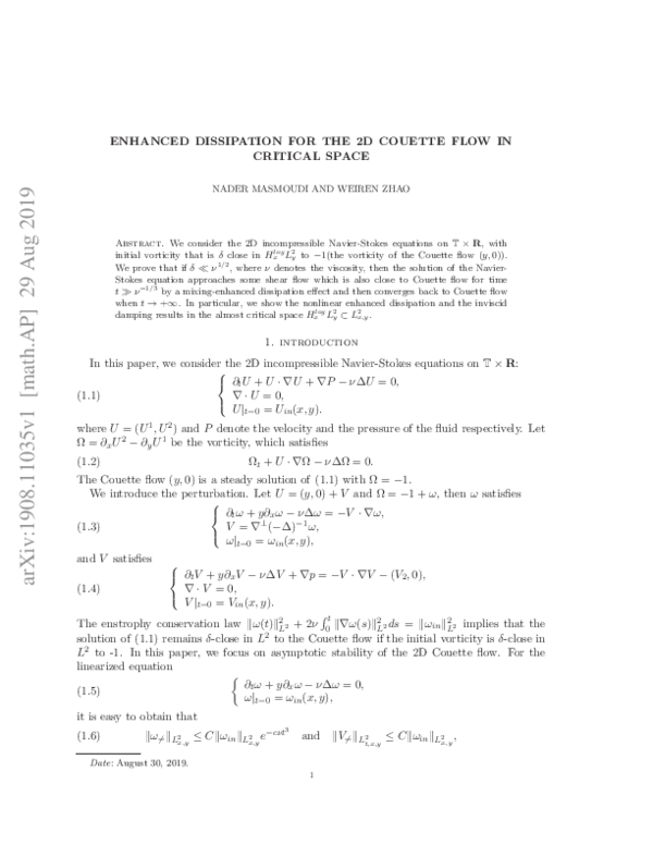 (PDF) Enhanced dissipation for the 2D couette flow in critical space