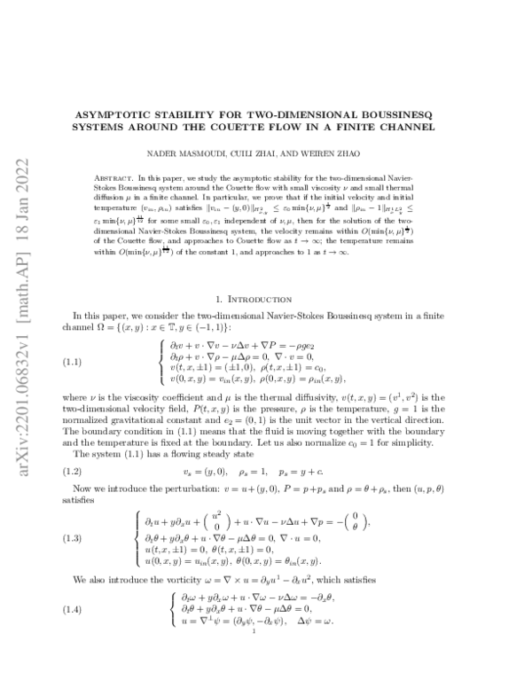 (PDF) Asymptotic stability for two-dimensional Boussinesq systems around the Couette flow in a ...