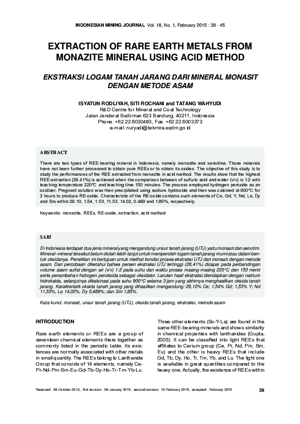 Pdf Extraction Of Rare Earth Metals From Monazite Mineral Using Acid Method