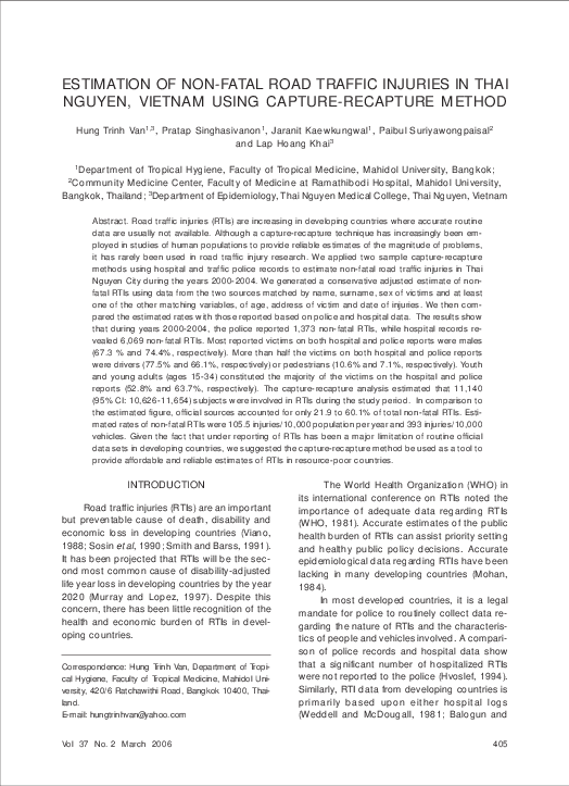 Pdf Estimation Of Non Fatal Road Traffic Injuries In Thai Nguyen Vietnam Using Capture