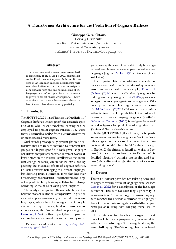 (PDF) A Transformer Architecture for the Prediction of Cognate Reflexes