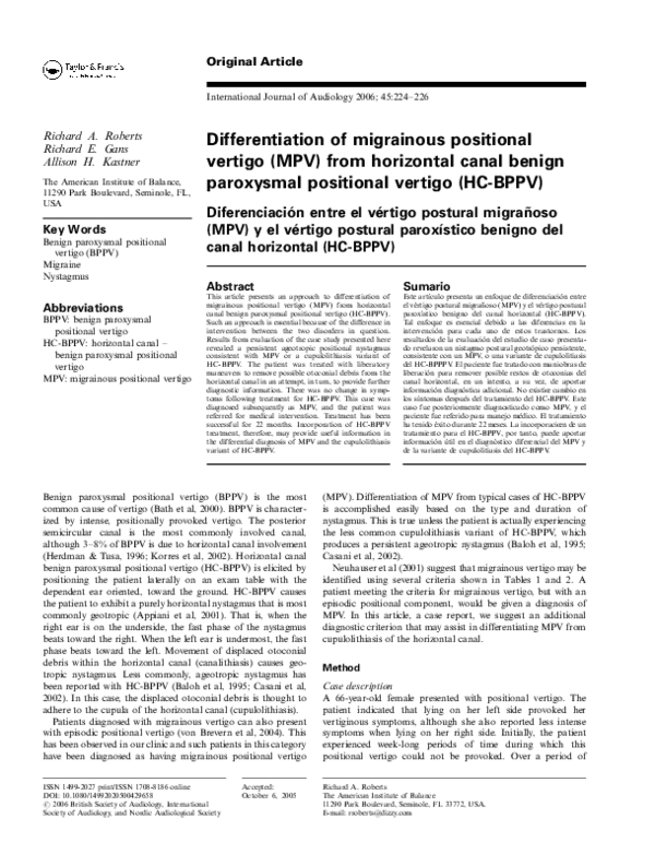 (PDF) Differentiation of migrainous positional vertigo (MPV) from ...