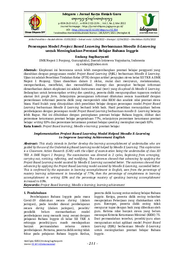 (PDF) Penerapan Model Project Based Learning Berbantuan Moodle E-Learning untuk Meningkatkan ...