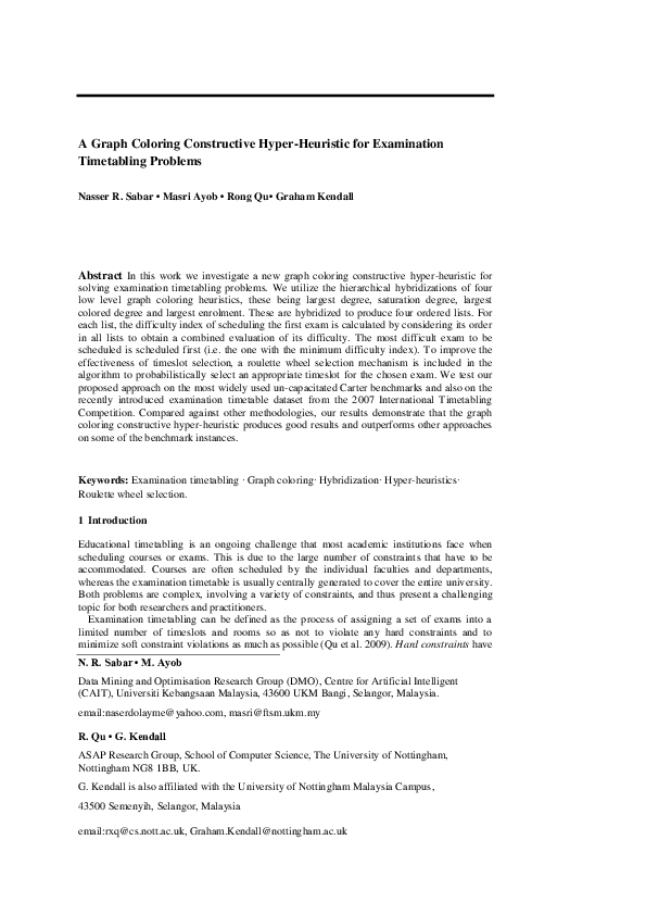 Pdf A Graph Coloring Constructive Hyper Heuristic For Examination Timetabling Problems Masri