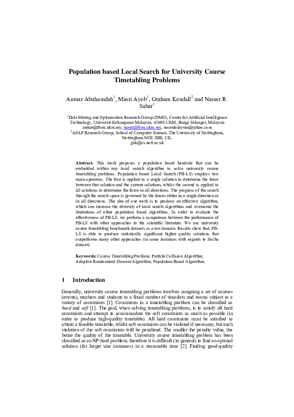 Pdf Population Based Local Search For University Course Timetabling Problems 