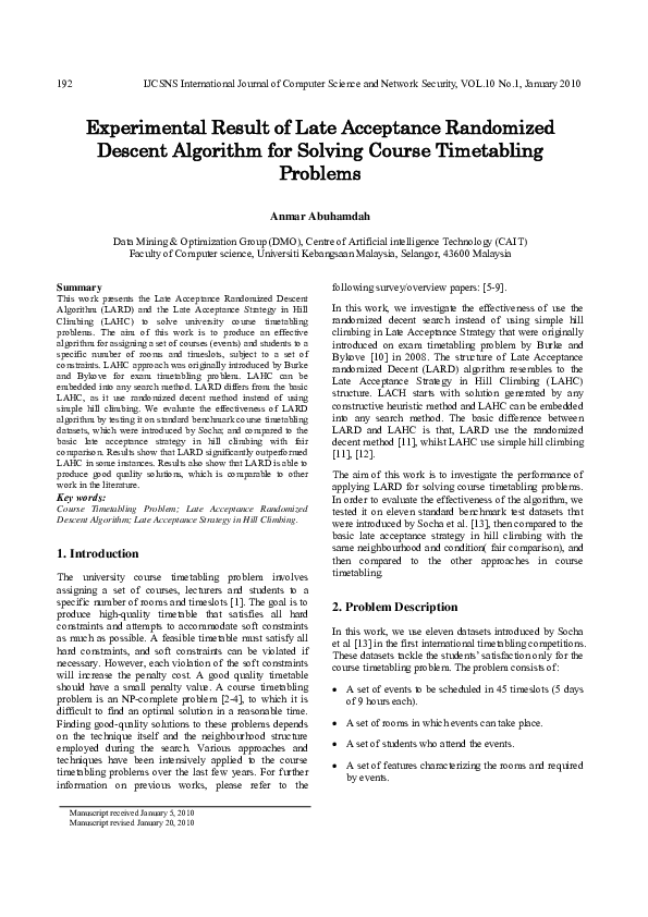 Pdf Average Late Acceptance Randomized Descent Algorithm For Solving Course Timetabling