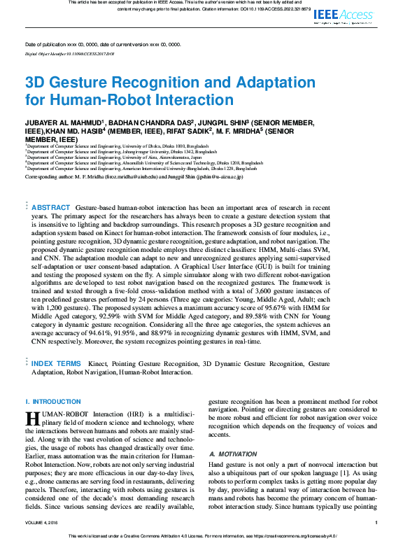 (PDF) 3D Gesture Recognition and Adaptation for Human-Robot Interaction