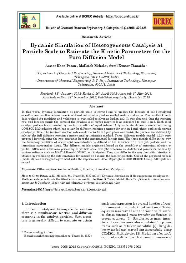 Pdf Dynamic Simulation Of Heterogeneous Catalysis At Particle Scale To Estimate The Kinetic