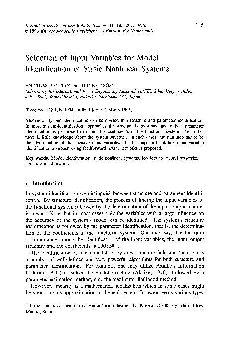 Pdf Selection Of Input Variables For Model Identification Of Static Nonlinear Systems