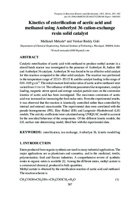 (PDF) Kinetics of esterification of acetic acid and methanol using ...