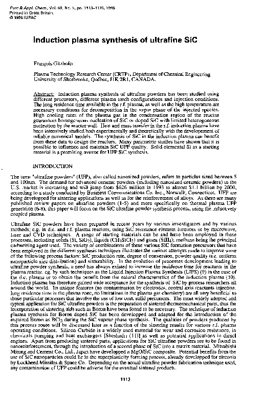 (PDF) Induction plasma synthesis of ultrafine SiC