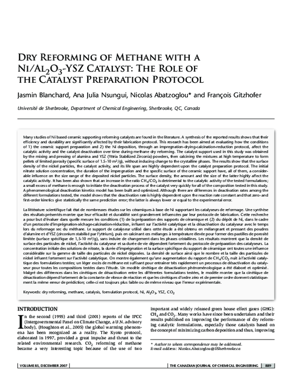 (PDF) Dry Reforming of Methane with a Ni/Al2O3-YSZ Catalyst: The Role of the Catalyst ...