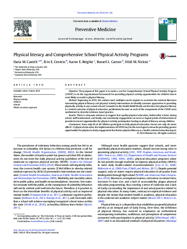 (PDF) Physical literacy and Comprehensive School Physical Activity Programs