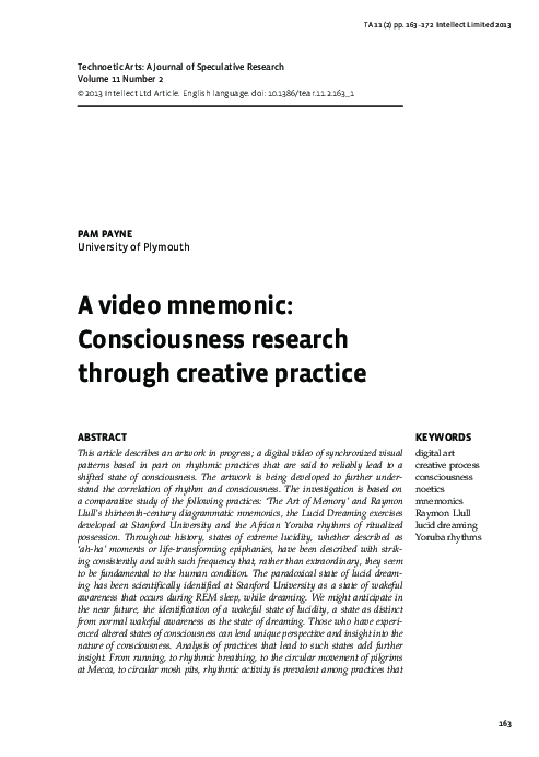 (PDF) A video mnemonic: Consciousness research through creative practice