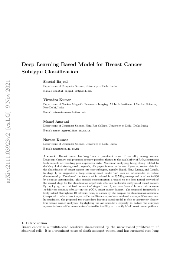 (PDF) Deep Learning Based Model for Breast Cancer Subtype Classification | Naveen Kumar ...