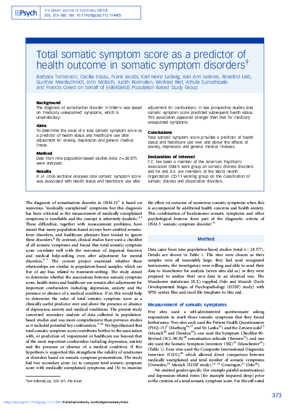 (PDF) Total somatic symptom score as a predictor of health outcome in ...