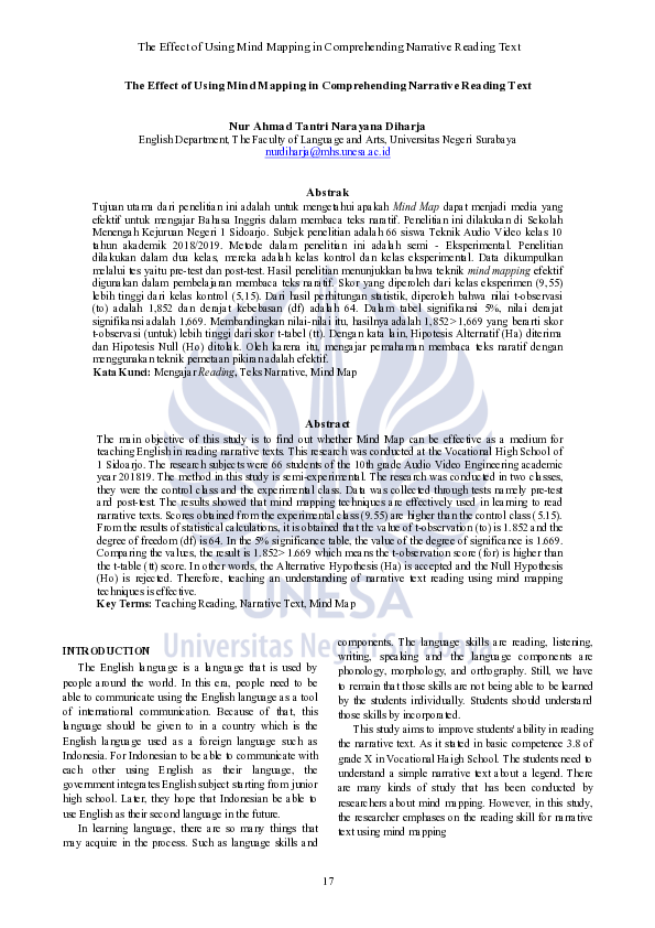 (PDF) The Effect of Using Mind Mapping in Comprehending Narrative Reading Text
