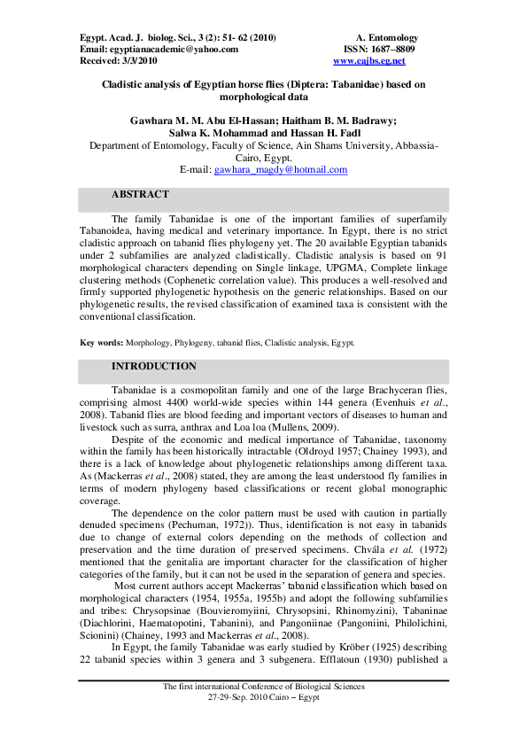 (PDF) Cladistic analysis of Egyptian horse flies (Diptera: Tabanidae ...