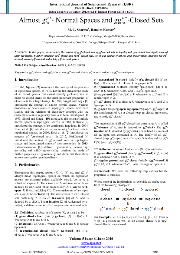 (PDF) Almost g-Normal Spaces and gg-Closed Sets