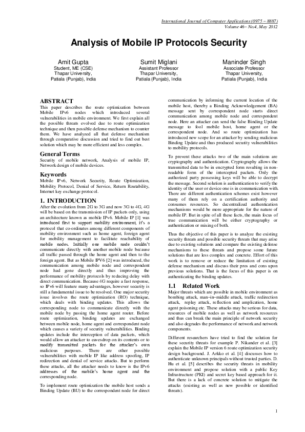 (PDF) Analysis of Mobile IP Protocols Security (PDF) Analysis of Mobile IP Protocols Security